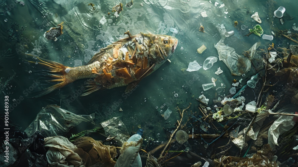 Image of a polluted ocean with dead fish surrounded by plastic waste ...