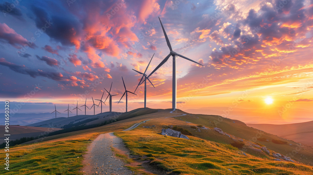 wind turbines on hills, against a pink and golden sunset sky, Renewable ...