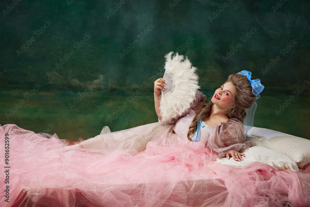 Portrait of beautiful young woman, royal person, princess in elegant ...