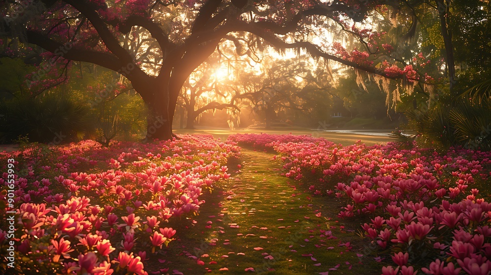 Beautiful garden with Magnolia trees Magnolia grandiflora in the ...