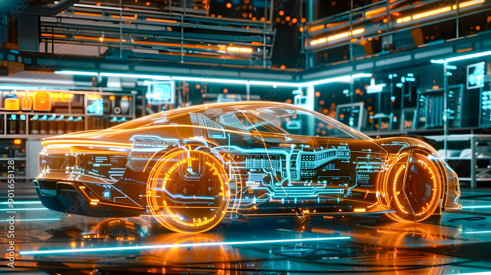 Futuristic holographic display of a car with a transparent exterior ...