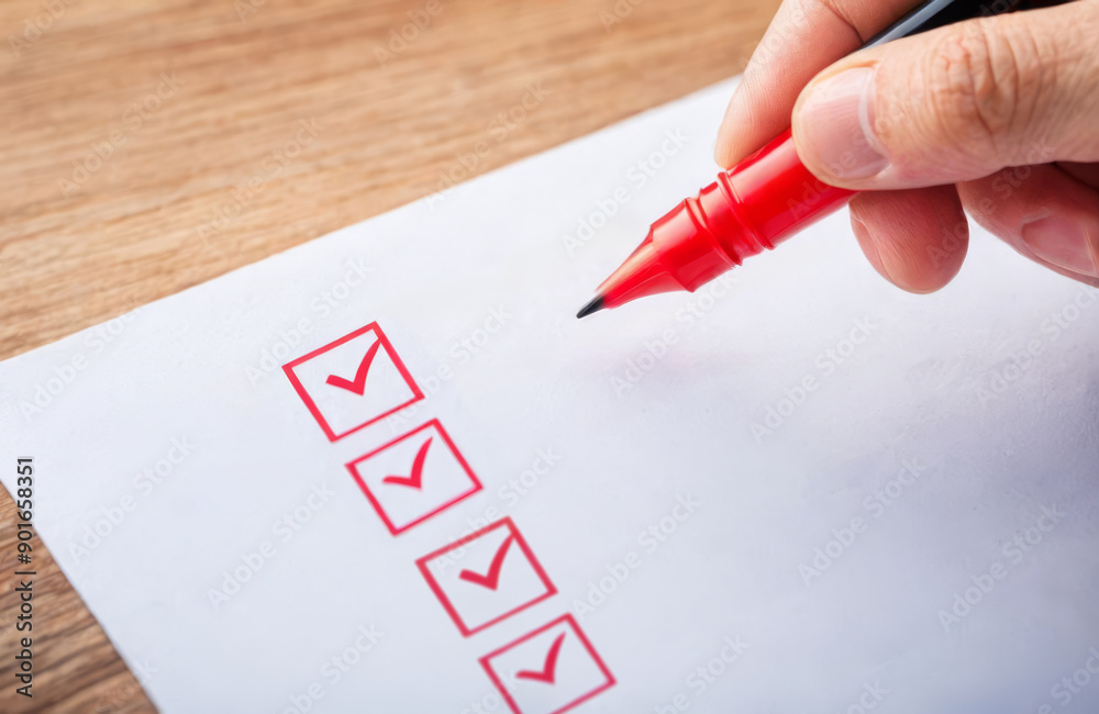 Foto de checklist. Hand marking red check marks in boxes on white ...