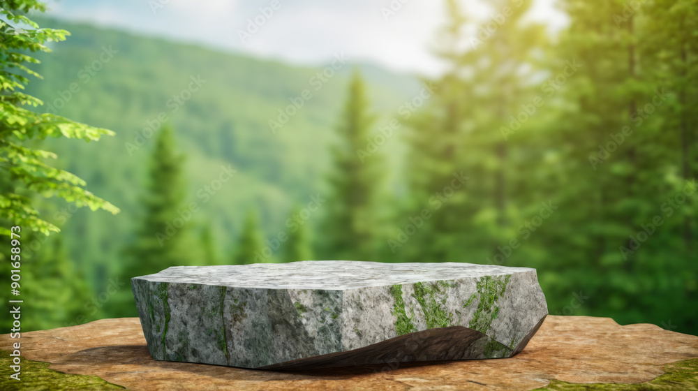 Stone Slab on Rough Surface for Product Display, Blurred Green Forest ...