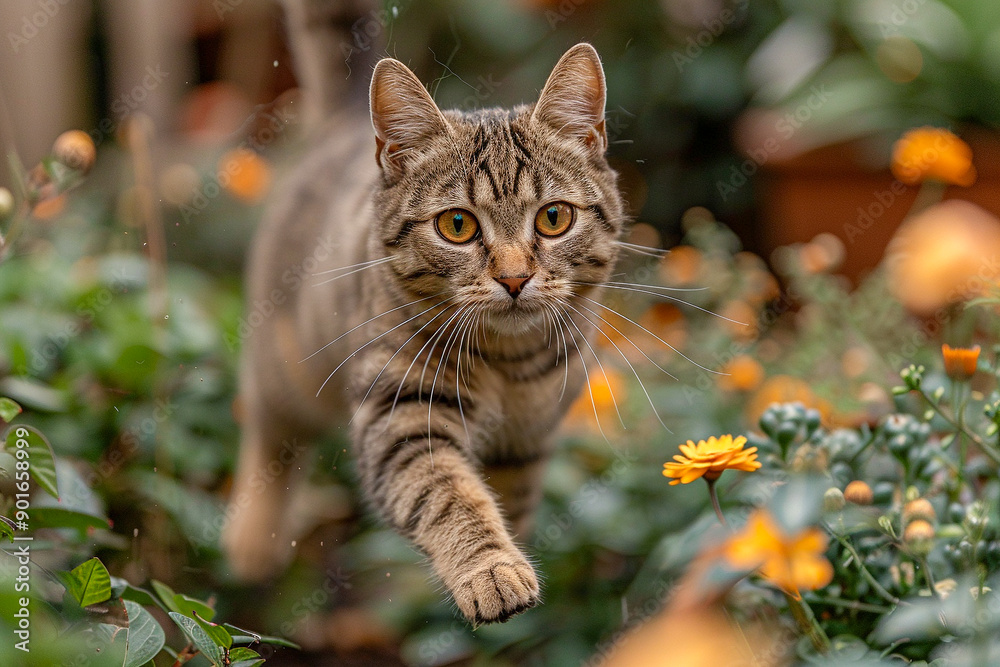 An American Shorthair cat is captured mid-run in a garden, showcasing ...