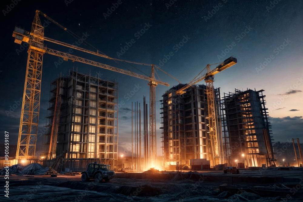Night urban scene of construction site with cranes and light flare at ...