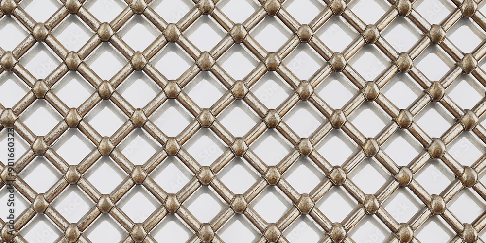 Intricate metal netting forms a seamless grid pattern on a pure white ...