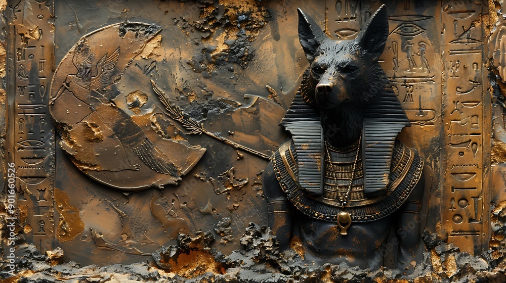 Captivating portrayal of the mythological Egyptian god Anubis weighing ...