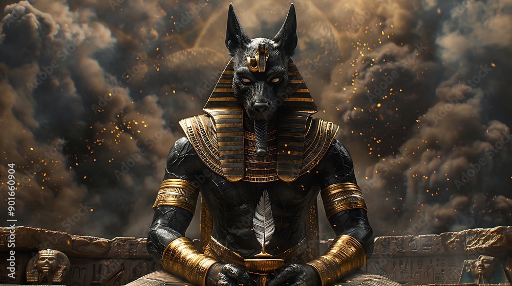 Captivating portrayal of the mythological Egyptian god Anubis weighing ...
