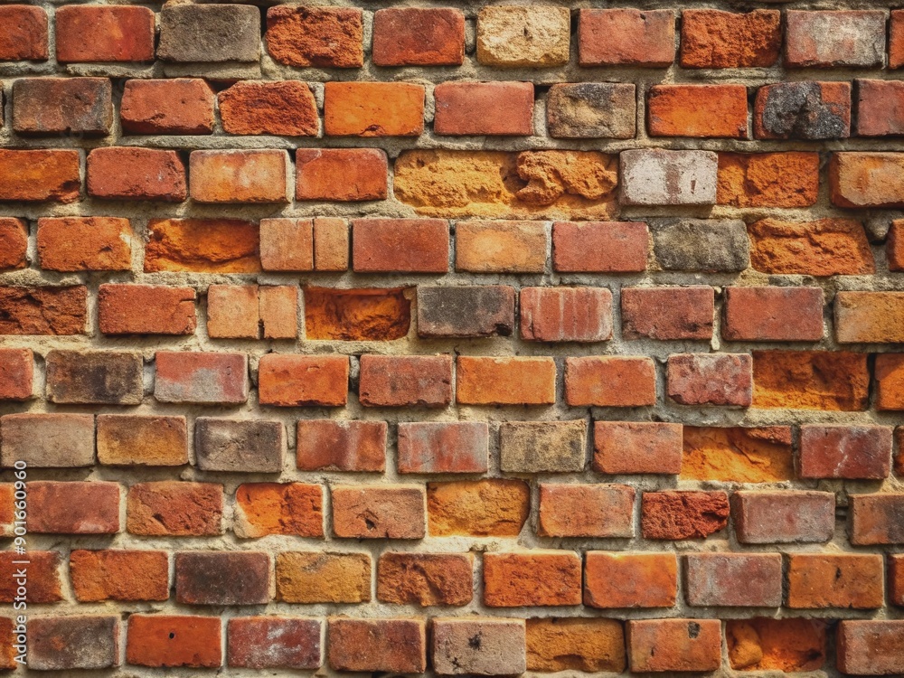 Rustic, weathered brick wall texture with worn, faded red bricks ...