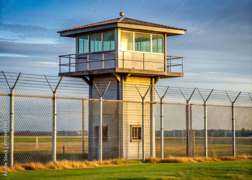 Isolated modern prison watchtower stands tall behind a high-security ...