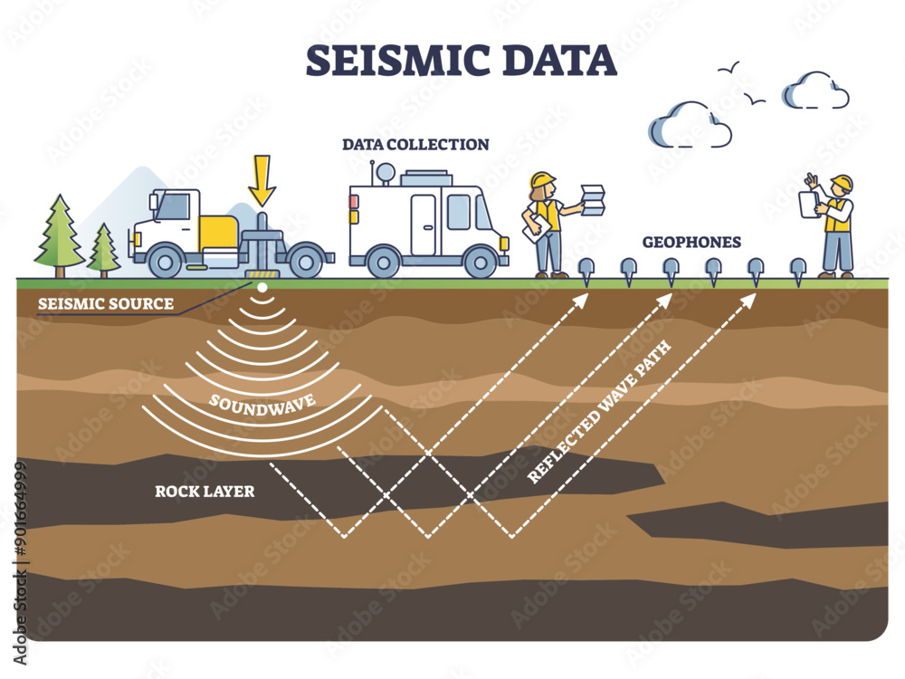 Seismic data collection method with geophones and soundwave outline ...