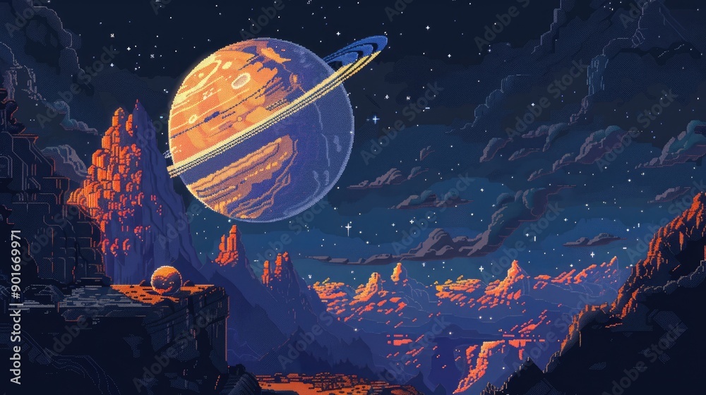 Cosmic pixel art featuring a textured large planet, distant ringed ...