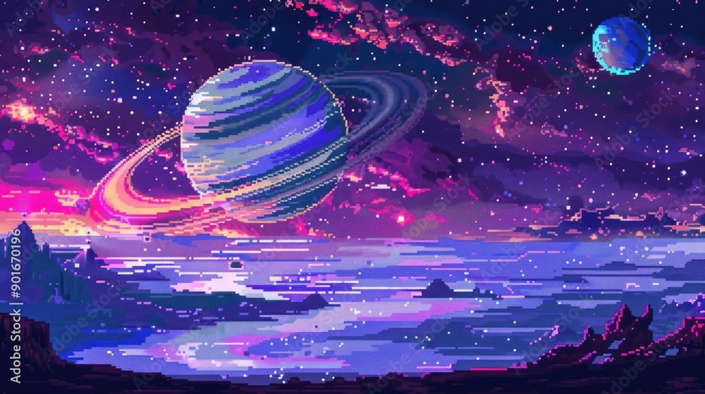 ภาพประกอบสต็อก Cosmic pixel art featuring a textured large planet ...