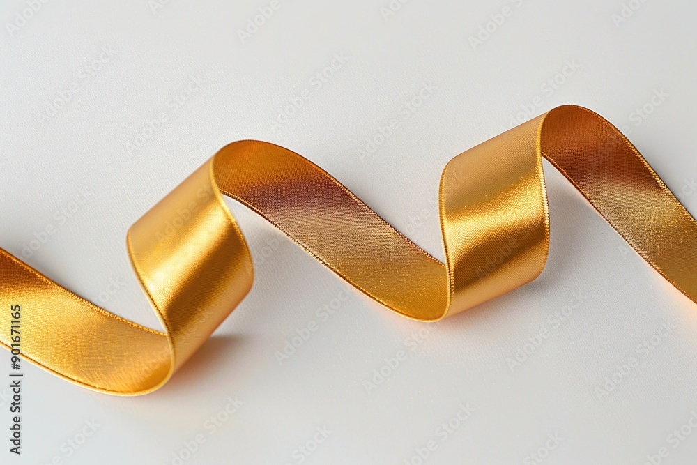 A gold ribbon is curled up on a white background. The ribbon is long ...