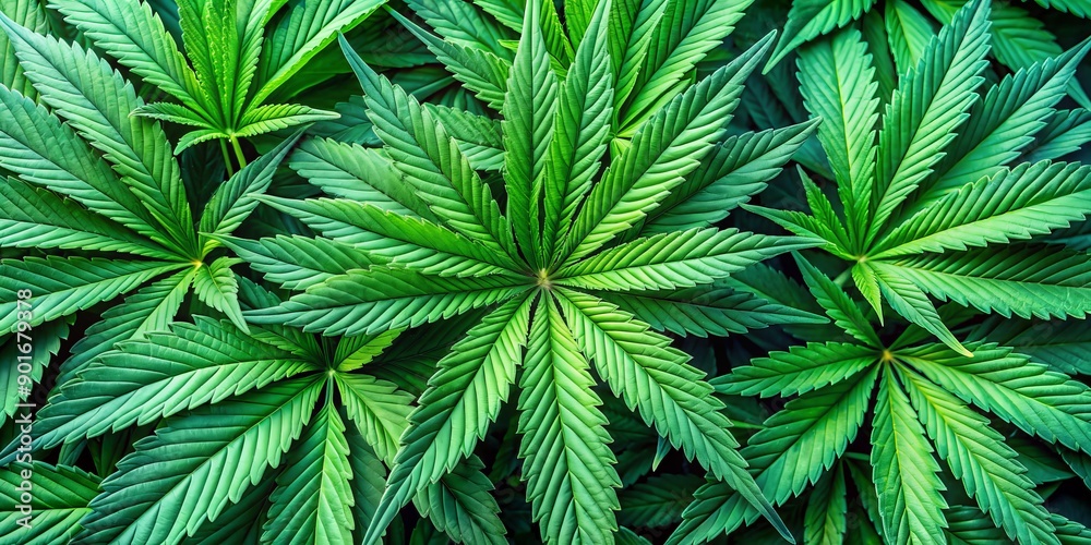 Vibrant green marijuana leaves with distinctive veins and serrated ...