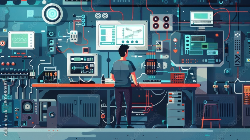 Electrical engineer at a workbench testing circuit boards in a ...