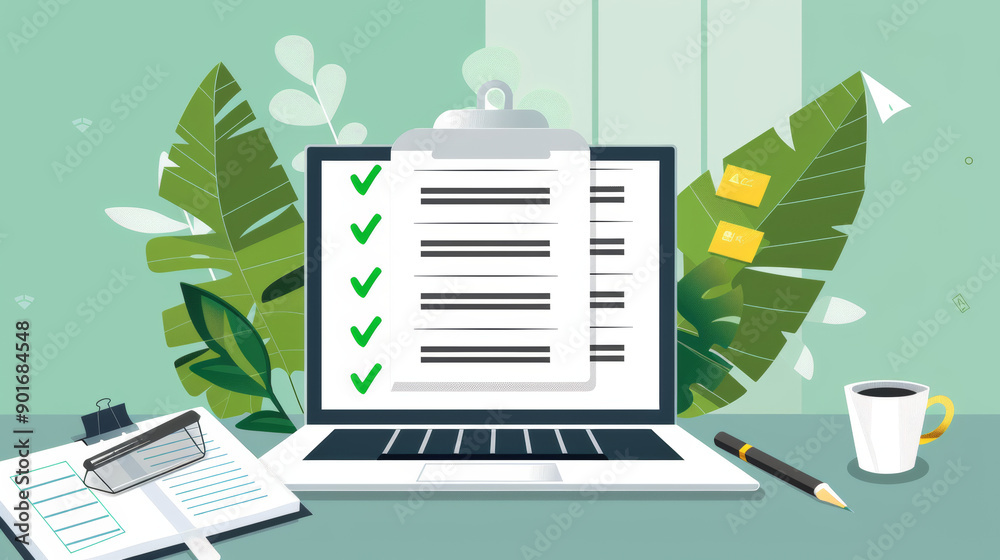 A laptop screen displays a digital notebook with a checklist on a sheet ...