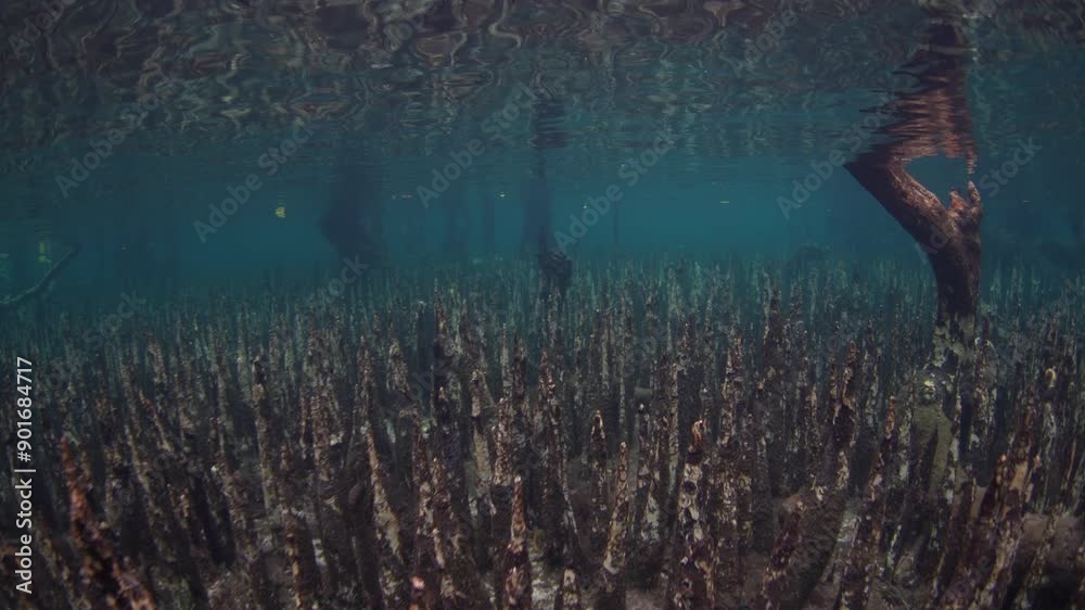 Sharp roots, called pneumatophores, rise from the shallow seafloor of a ...