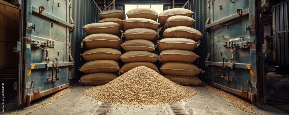 Stacks of grain bags inside a shipping container, showcasing ...