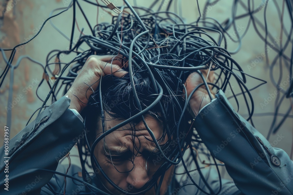 Frustrated man tangled in wires, symbolizing stress and confusion in ...