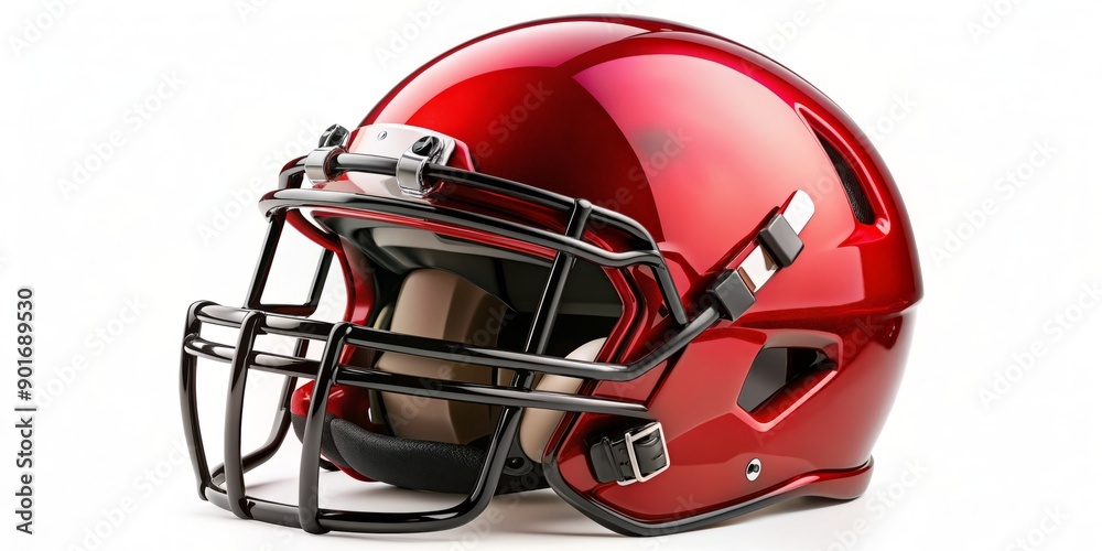 Glossy red football helmet with black facemask isolated on a pure white ...