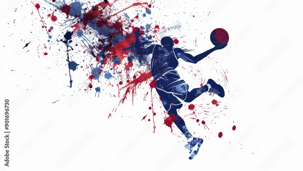silhouette of basketball player dunking, blue and red paint splatter ...
