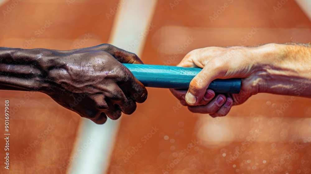 Relay Race Baton Pass: Depict the precise moment of a baton pass in a ...