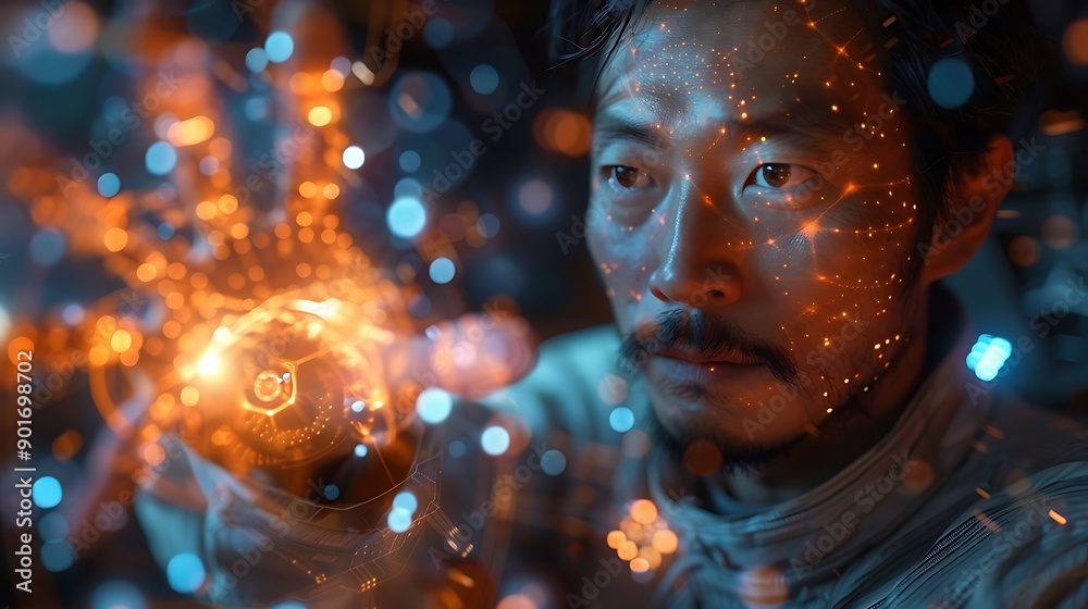 Chinese scientist touching holographic elements of the seventh ...