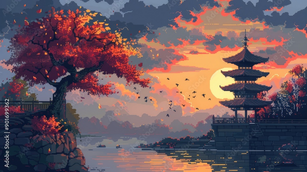 Pixel art depicting a serene scene with an Asian pagoda and autumn tree ...