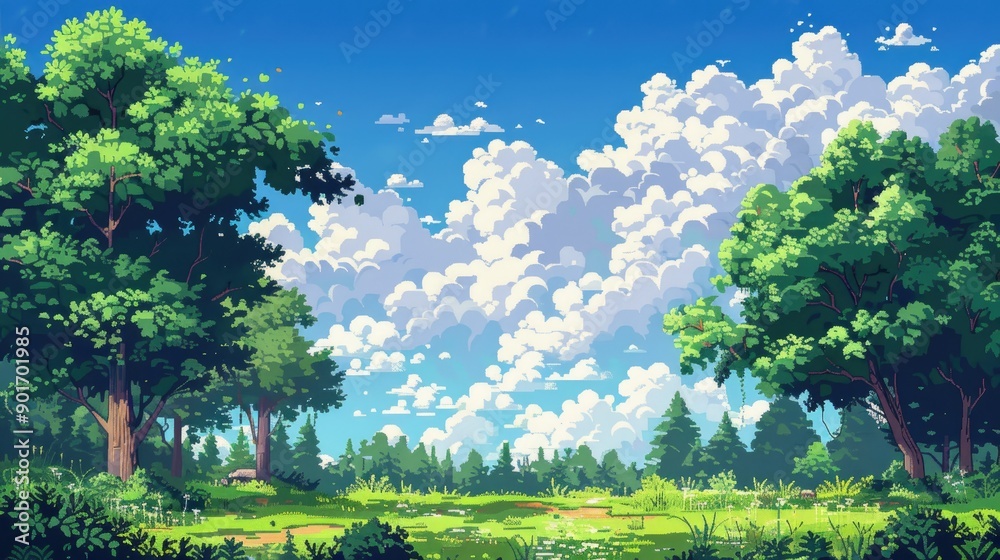 Pixel art scene of lush greenery and tall trees with a sky full of ...