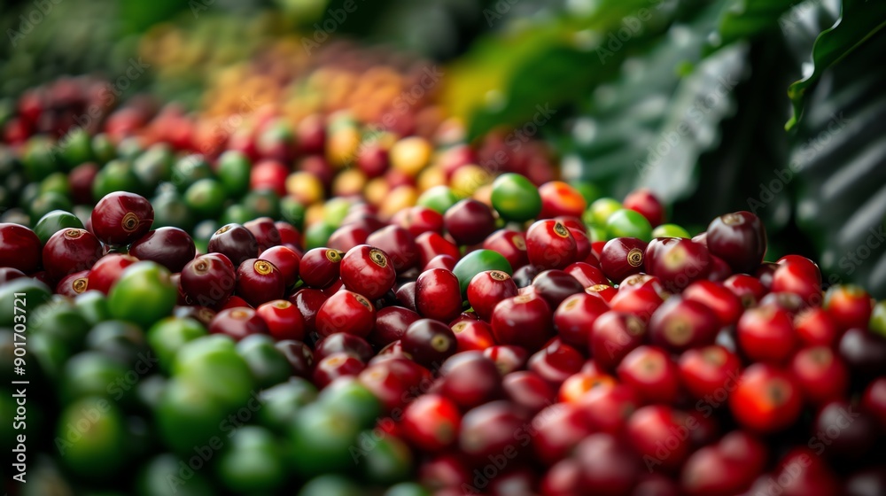 Coffee cherries at different ripeness stages on the same branch, Coffee ...