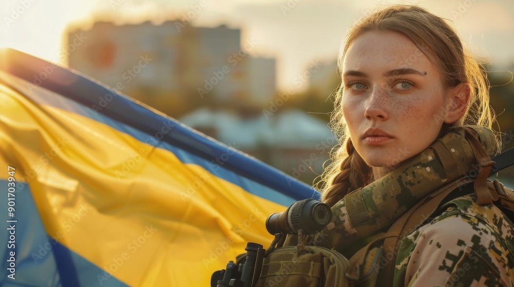 Female soldier stands proud with Ukrainian flag in background. Brave ...