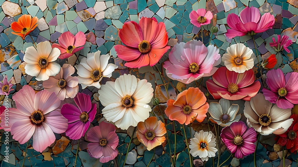 Colorful garden with an array of Cosmos flowers Cosmos bipinnatus in ...