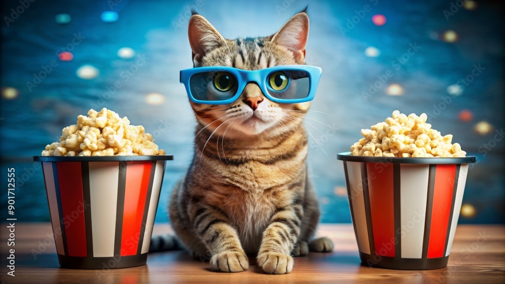 Adorable curious cat wearing 3D glasses sits in front of a screen ...