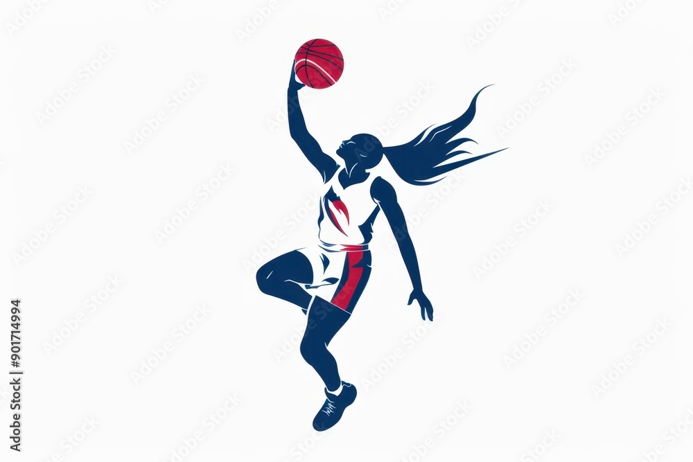 logo of an animated female basketball player dunking, with a blue and ...