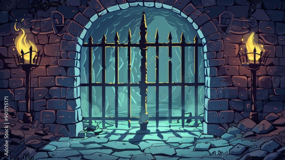 Stone-walled medieval dungeon with torches and a barred gate, depicted ...