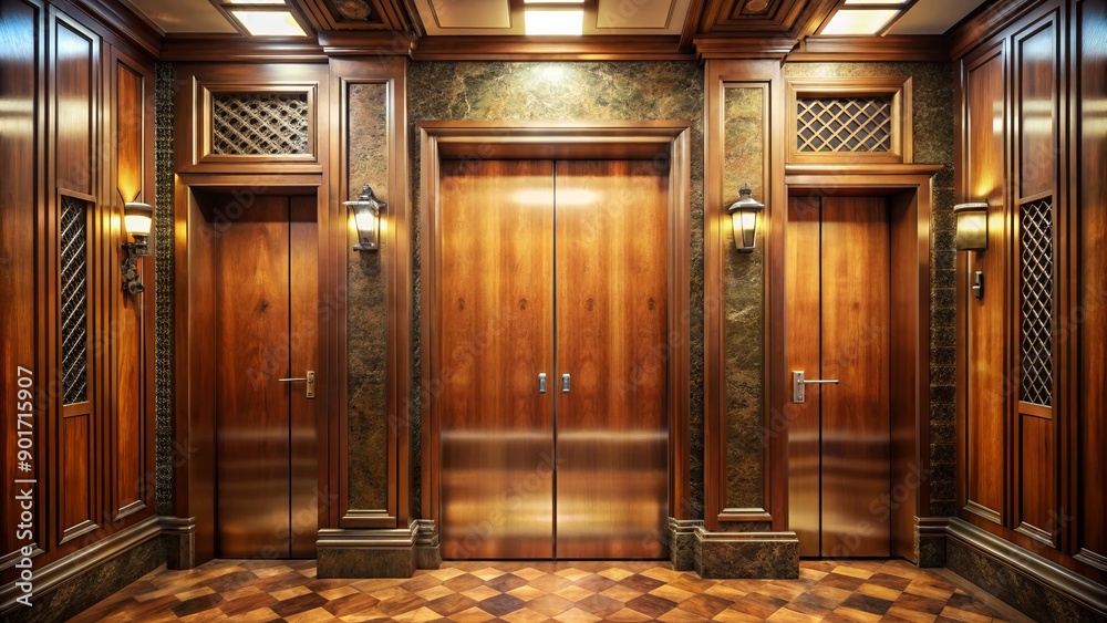 Retro wood-paneled interior of a vintage elevator with ornate metal doors, retro buttons, and ...