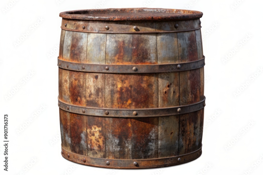 Rusted, worn, and weathered old metal barrel with intricate details and ...