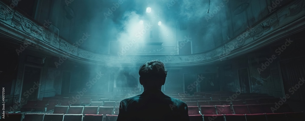 In a dimly lit classic cinema, close-up of an actor delivering a ...