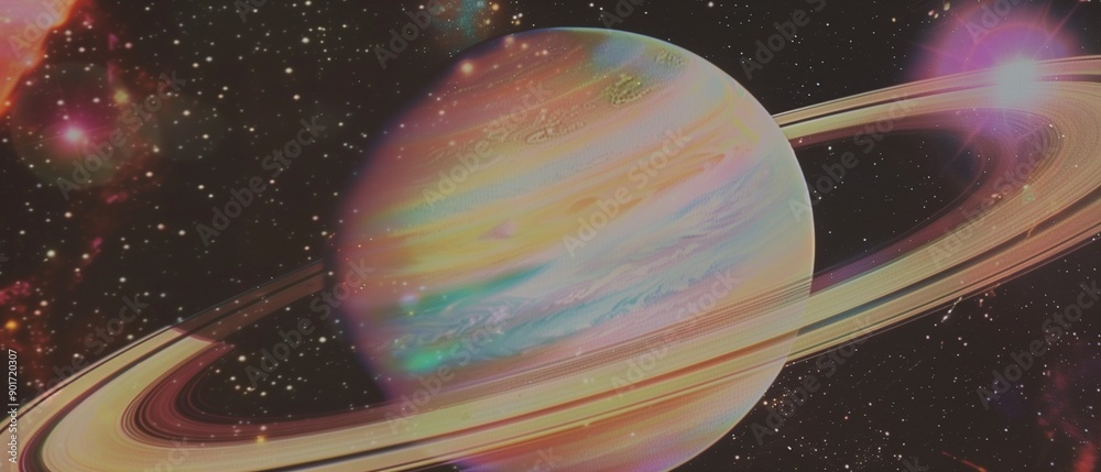 An illustration depicts the planet Saturn centrally positioned against ...
