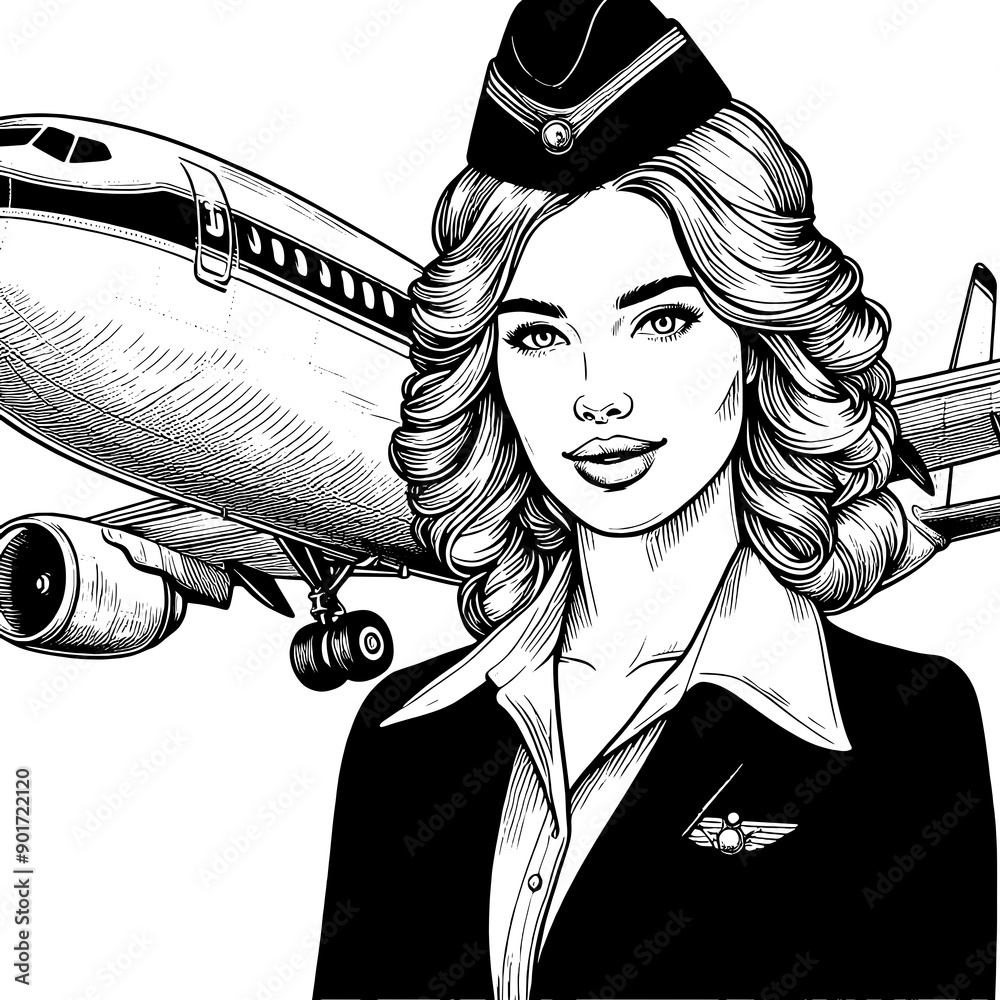 flight attendant standing in front of an airplane, elegance of air ...