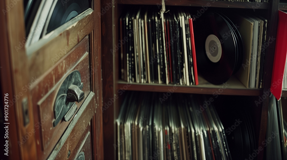 classic vinyl records sorted neatly within an old-fashioned storage ...
