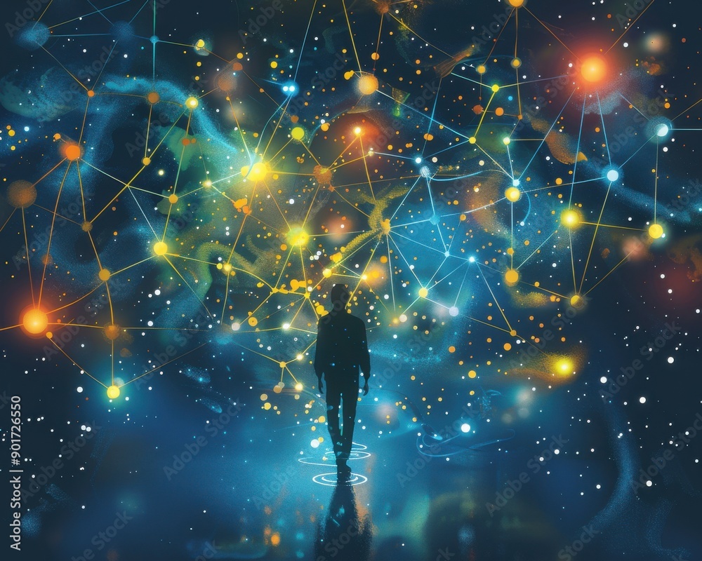 An illustration of a person navigating through interconnected nodes and ...