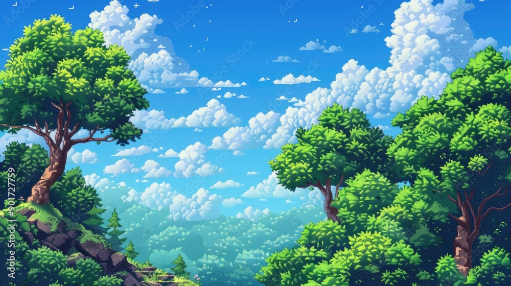 Tranquil pixel art landscape featuring lush greenery, towering trees ...