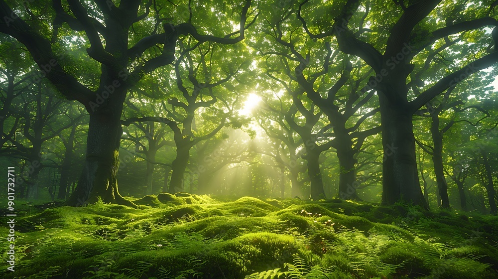 Dense forest with towering Oak Trees Quercus robur their branches ...