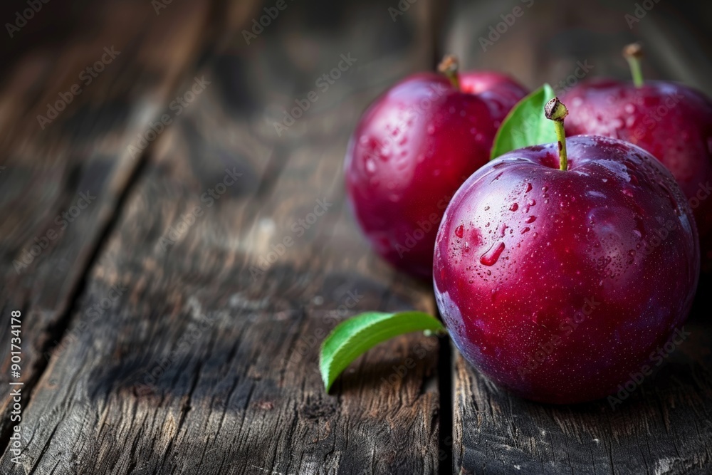 Fresh plums, with one cut in half revealing the seed, displayed on a ...