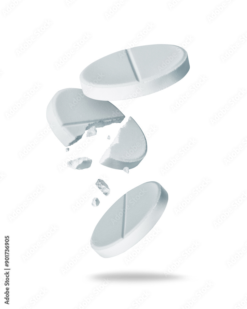 Whole and crushed tablets isolated on a white background. Effervescent ...