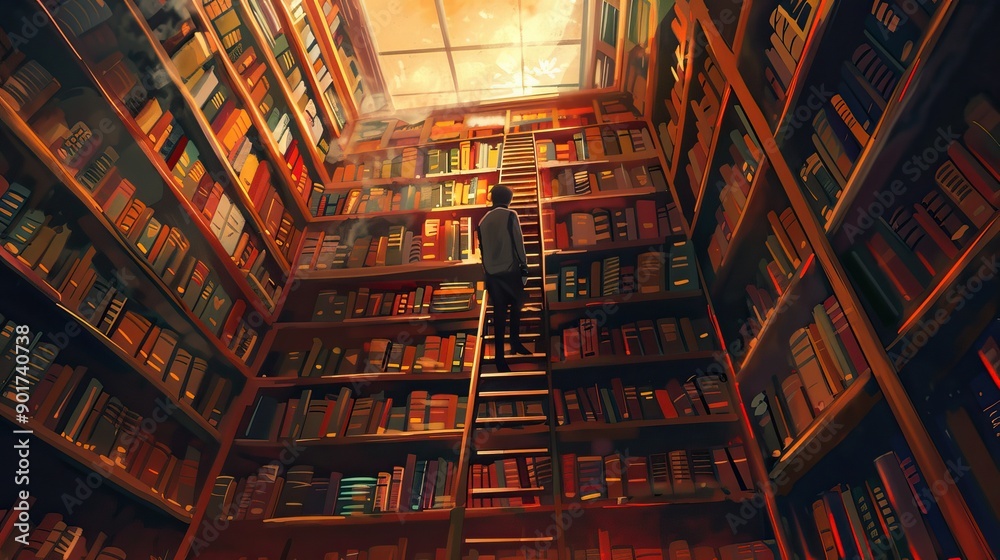Illustrations of a Person Climbing a Ladder in a Cozy Library. Book ...
