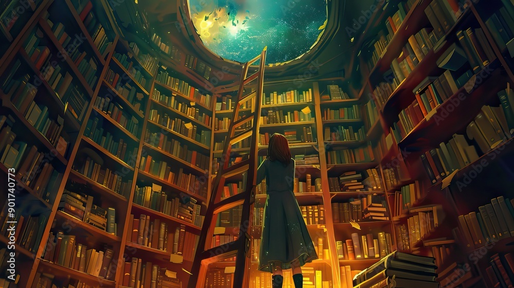 Illustrations of a Person Climbing a Ladder in a Cozy Library. Book ...
