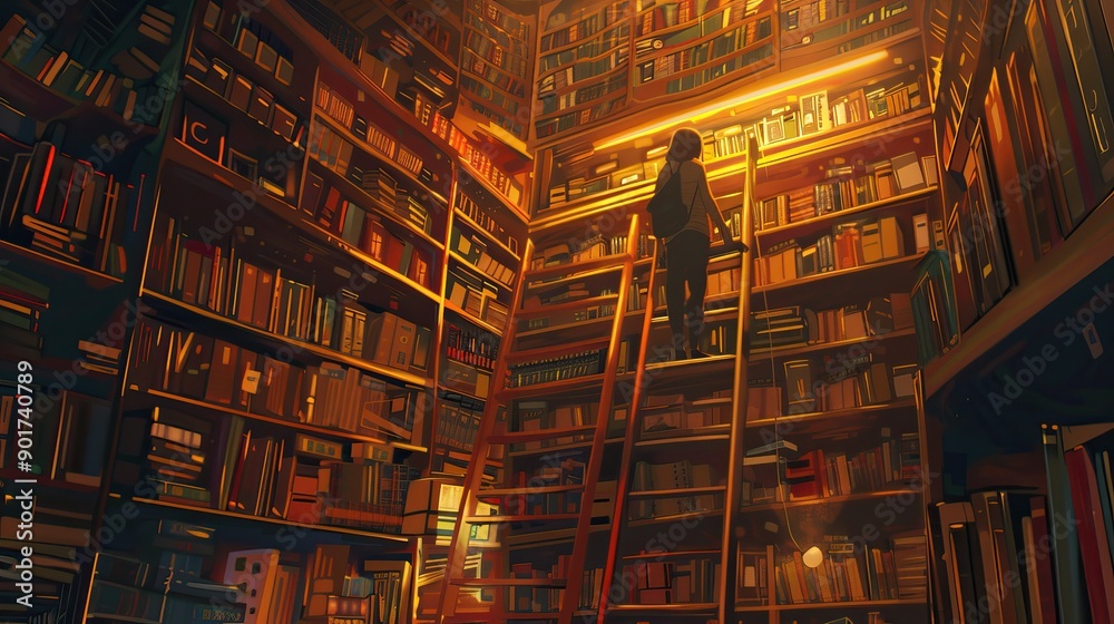 Illustrations of a Person Climbing a Ladder in a Cozy Library. Book ...